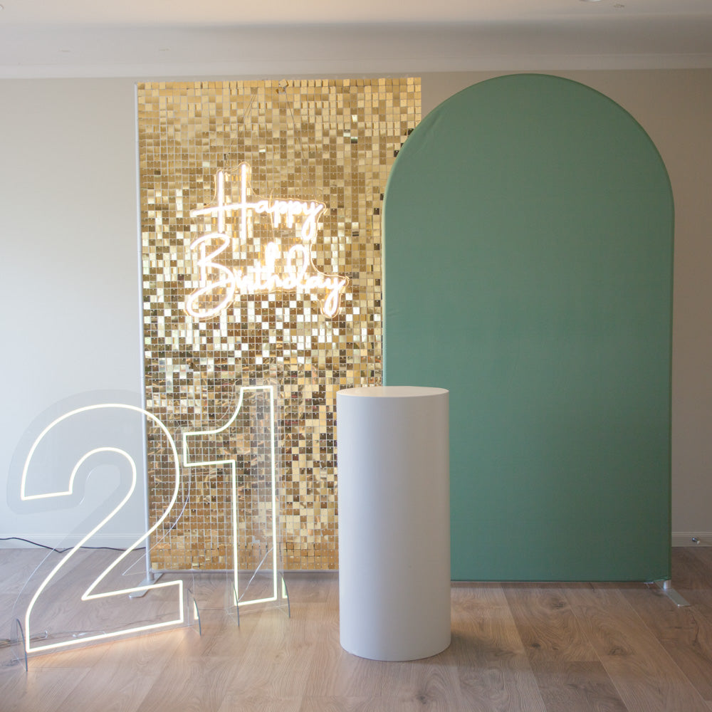 Gold Shimmer Wall and Green Party Backdrop Bundle l Auckland Party Hire ...